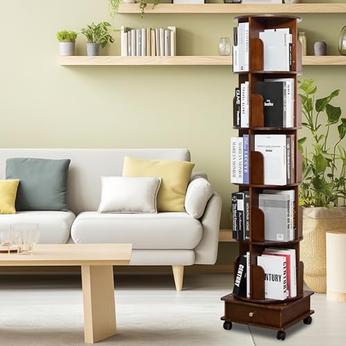 GHBRHBJ Solid Wood Rotating Bookshelf Tower,360 Bookshelf Rotating,Round Bookcase,Narrow Bookshelf with Drawers,Spinning Bookshelf for Home Office, Study Room