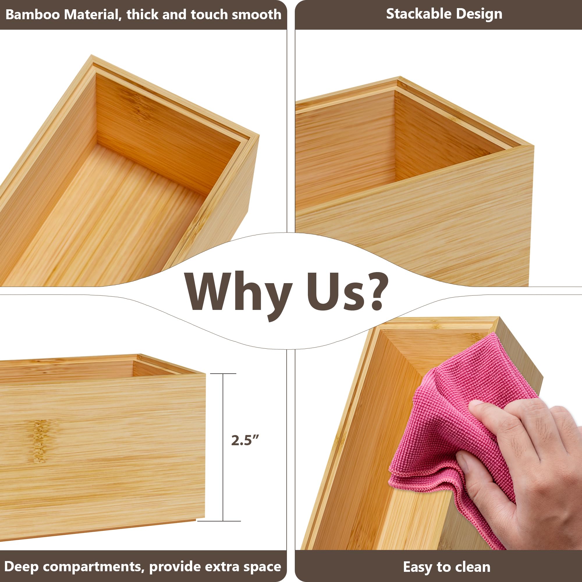 Greatseas Kitchen Drawer Organizer Bins, Stackable Bamboo Drawer Organizer for Silverware, Utensils, Cutlery, Flatware, Deep Drawer Organizers for Junk Drawer, Dresser, Bathroom, 9" x 3" x 2.5"