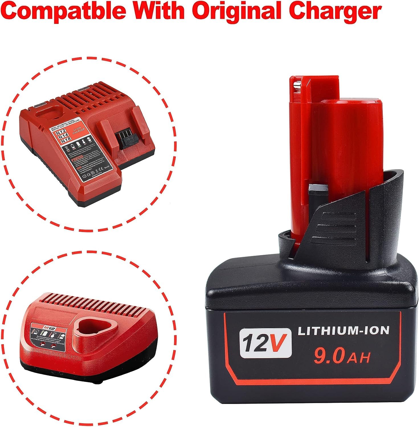 CHAUNVEN Battery 12V 9.0Ah M12 Battery Replacement for Milwaukee M12 Battery 48-11-2440 48-11-2402 48-11-2411 fit M12 12-Volt Cordless Tools 2 Pack