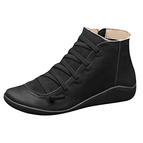 FASDNENDYS Leather Round Casual Lace-up Women's Boots Shoe Side Toe Flat Short Leather Riding Boots for Women Black