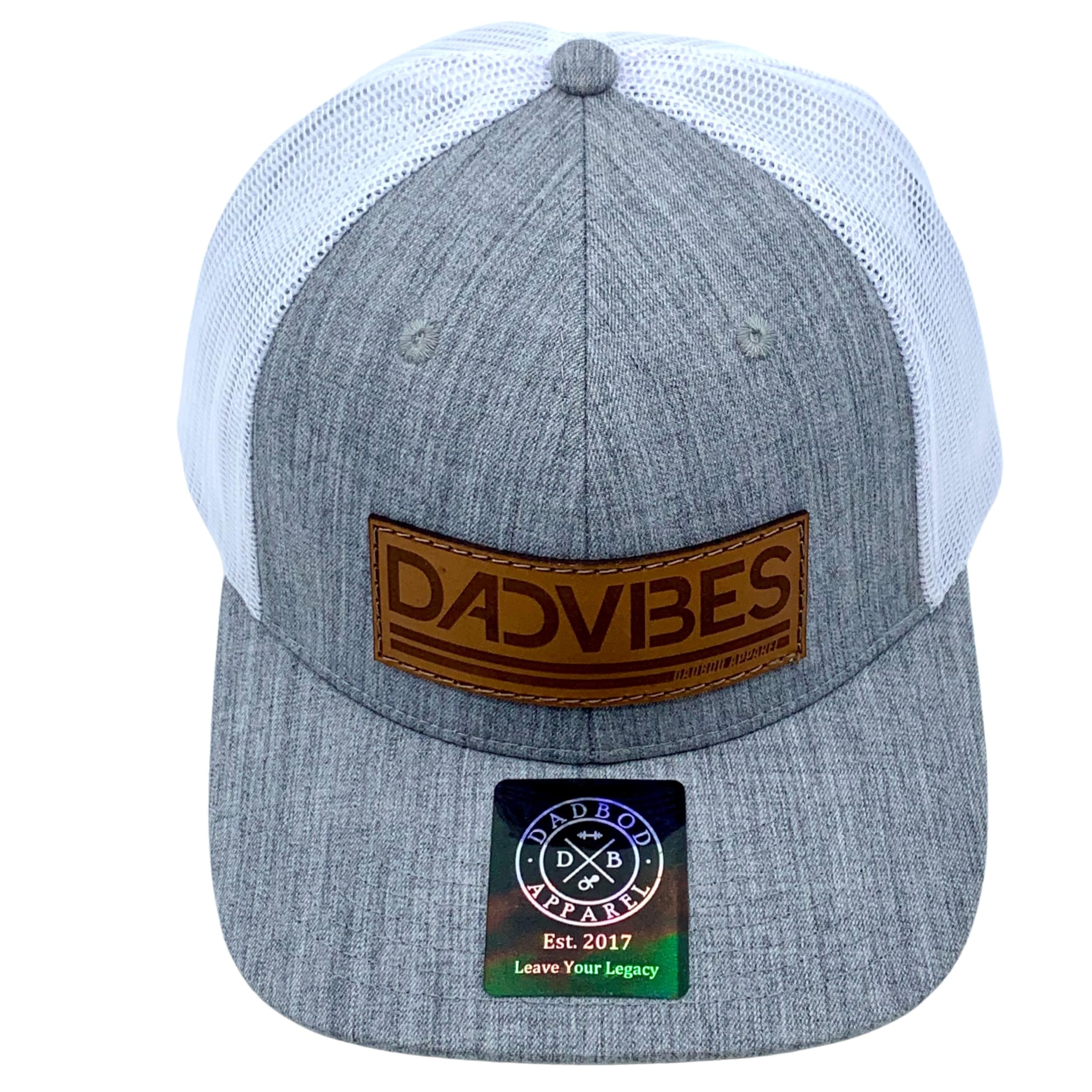 DadBod Apparel DB DadVibes Leather Patch Classic Snapback Hat - Heather Grey/White Mesh - Premium Baseball Cap for Girl Dads and Boy Dads