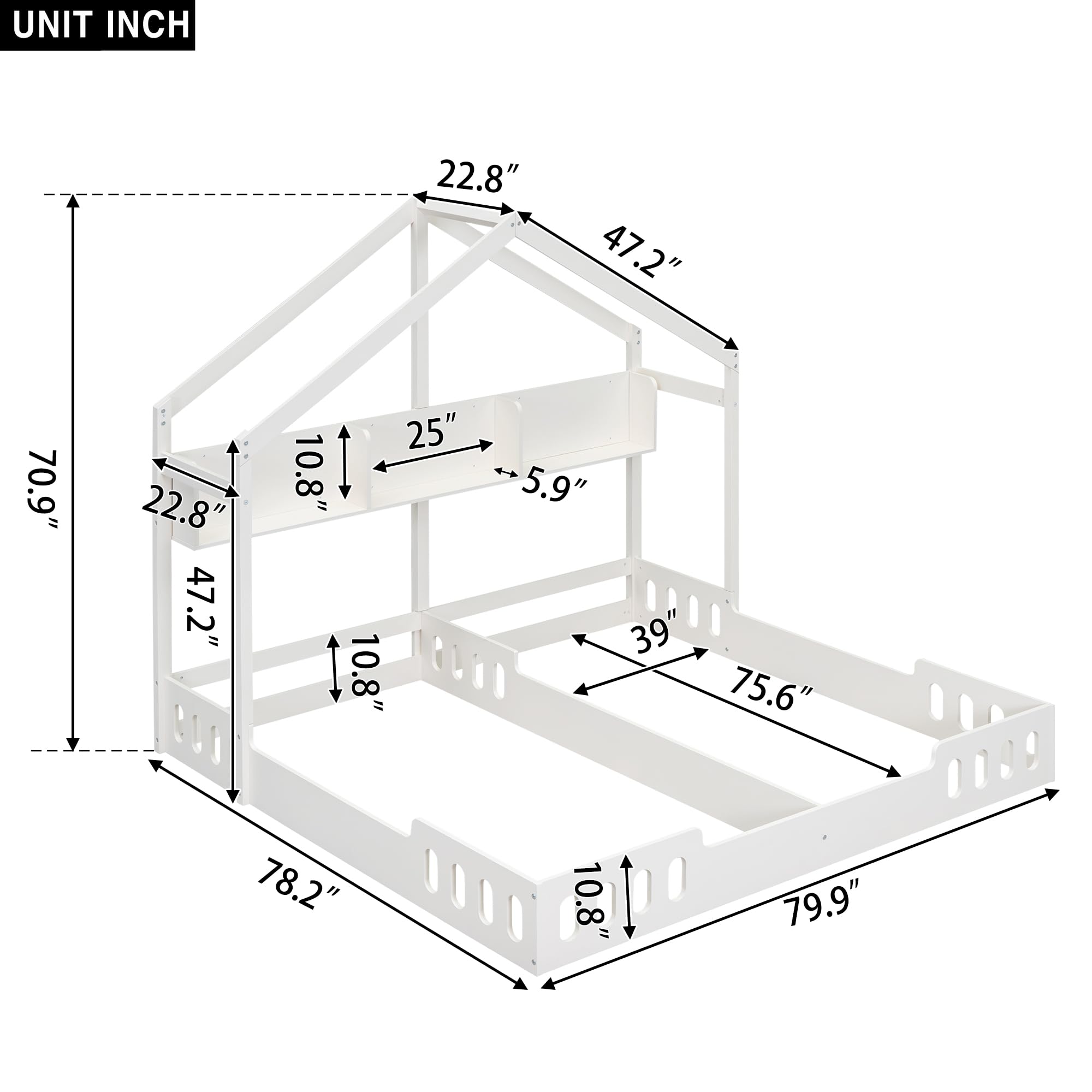 Harper & Bright Designs Twin House Bed for Kids,Wood Double Twin Beds Frame with Shelves and Guardrail, Monressori Floor Bed Two Shared Beds with Rails for Girls or Boys, Creamy White