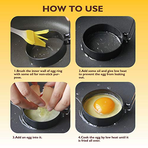 Egg Ring Upgraded Set of 4 with Oil Brush,Foldable silicone handle.Stainless Steel Egg Ring,Non Stick Round Omelette Model for Fried Egg McMuffin Sandwiches.(4 different shapes)