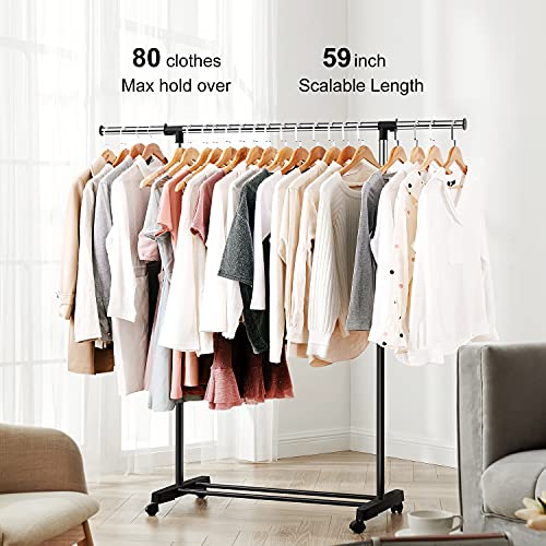 JZM Adjustable Clothes Garment Rack, Rolling Clothes Organizer on Wheels for Hanging Clothes with Bottom Shelves, Rolling Clothes Rack Portable Collapsible Commercial Garment for Entryway, Bedroom