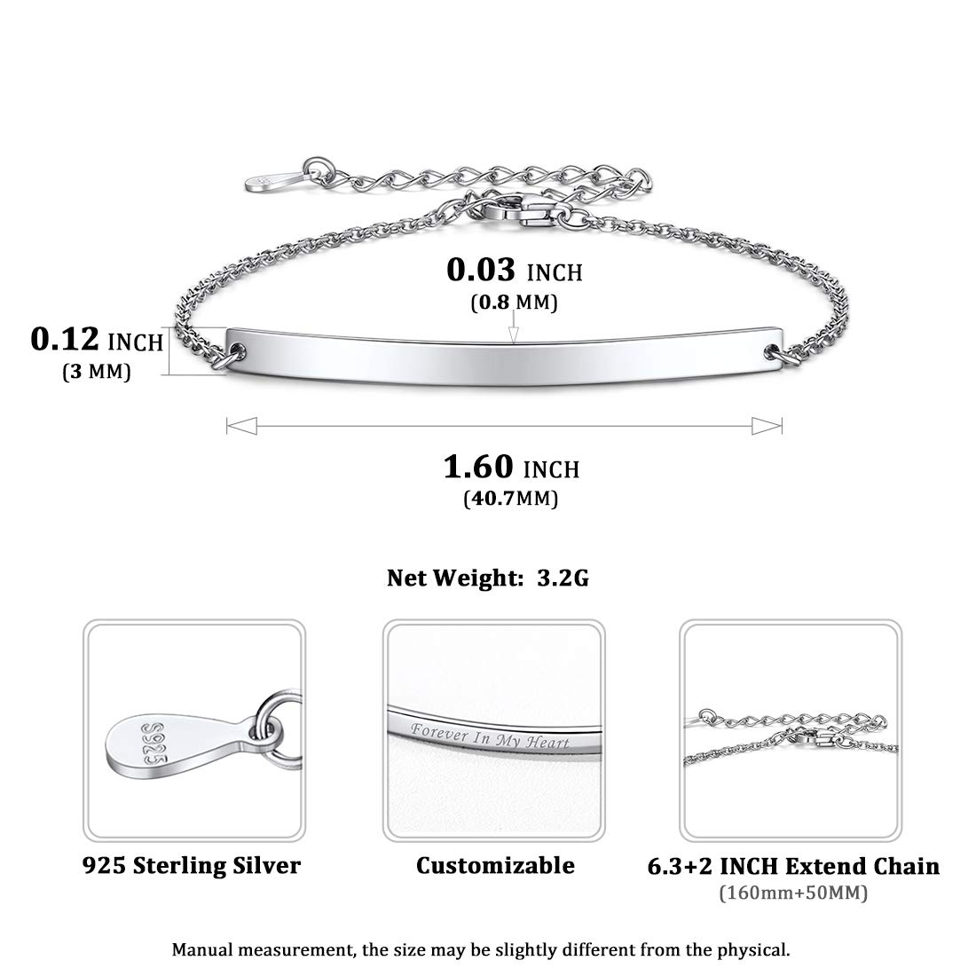 ChicSilver Personalized Bar Bracelet for Women 925 Sterling Silver Engraved Initial Name Nameplate Bar Link Charm Bracelet Identification ID Bracelet Friendship BFF Bracelet Adjustable