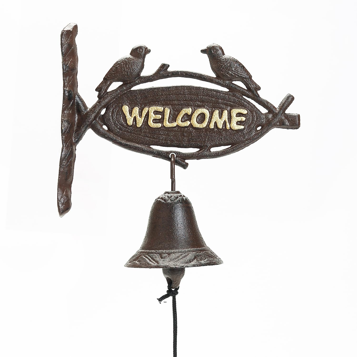 Sungmor Heavy Duty Cast Iron Wall Hanging Bell Welcome Sign - Decorative Retro Style Lovely Birds Manually Shaking Doorbell - Indoor Outdoor Wall Mounted Dinner Bell - Garden Home Wall Art Decoration