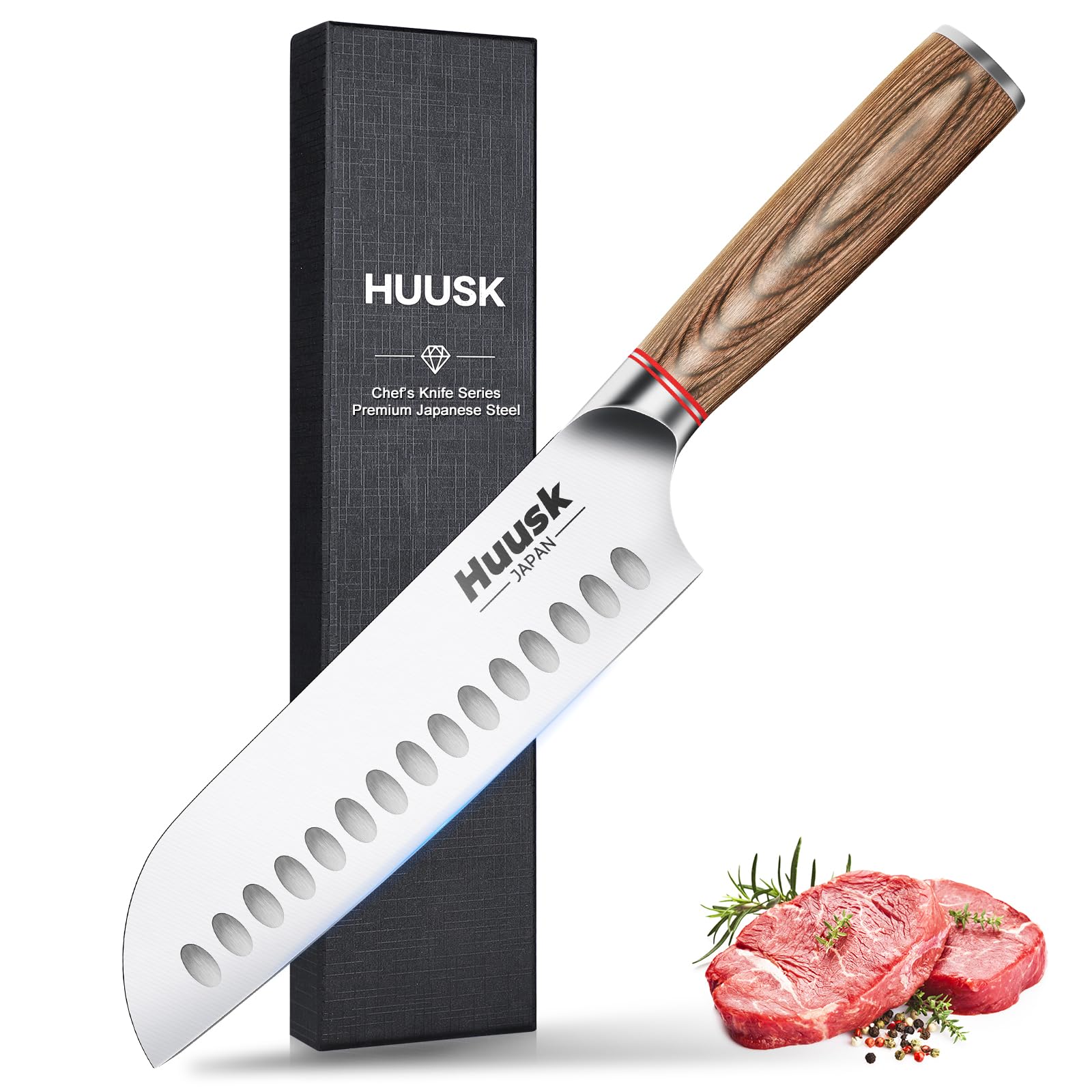Huusk knives from japan,7 Inch Santoku Knife with Ultra Sharp Blade,Japanese High Carbon Chef Knife with Professional Ergonomic Handle for Home Kitchen, Father's Day Christmas Gift Men Women