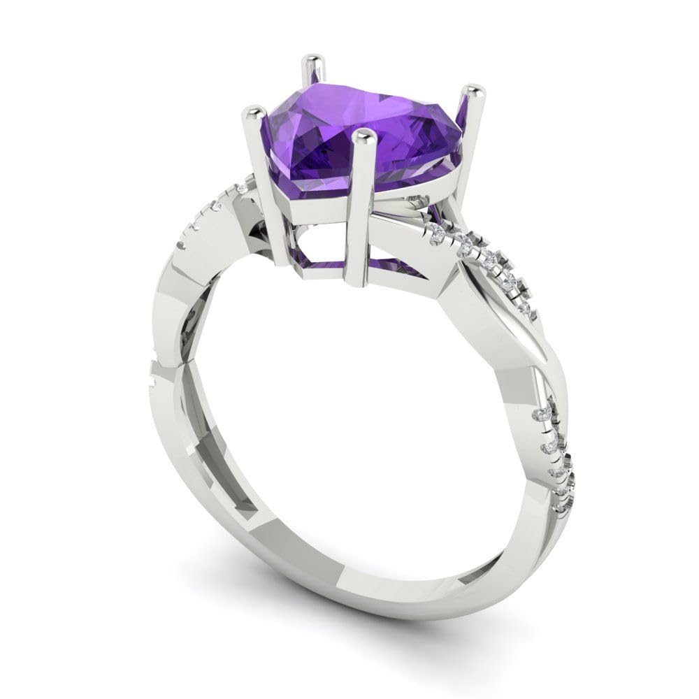 Clara Pucci 2.19ct Heart Cut Criss Cross Solitaire Halo Natural Amethyst Designer Anniversary Bridal Engagement Ring 14k White Gold 6