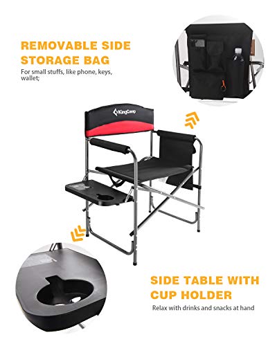 KingCamp Camping Chairs 2 Pack, Heavy Duty Folding Directors Chair Sports Chair Oversized Padded Seats with Side Table Storage Pockets Armrest for Adults, Supports 396 lbs, Red