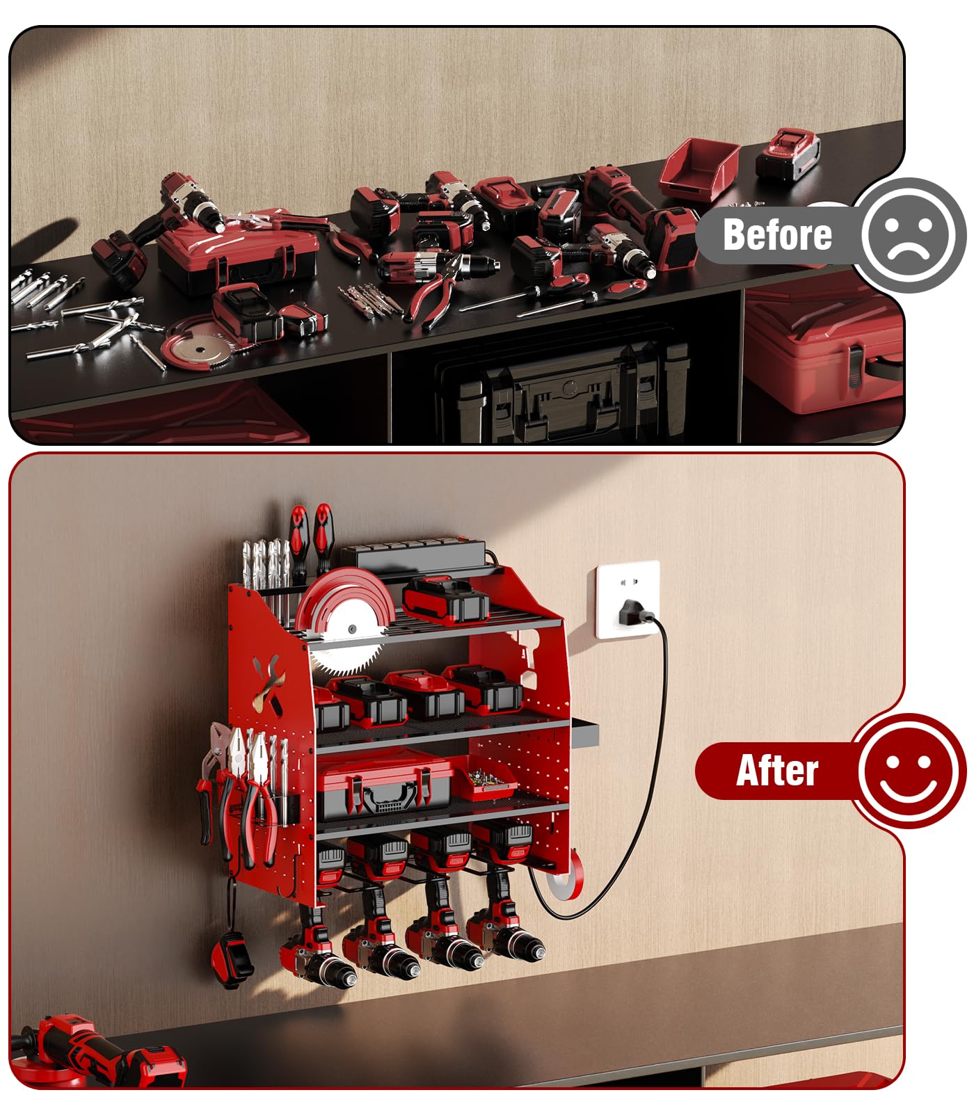 HSicily Power Tool Organizer Wall Mount, 5-Tier Garage Tool Storage with 6-Outlet Charging Station, Drill organizer Wall Mount for Power Tools, Screwdrivers, Wrenches, and Tool Organizers and Storage