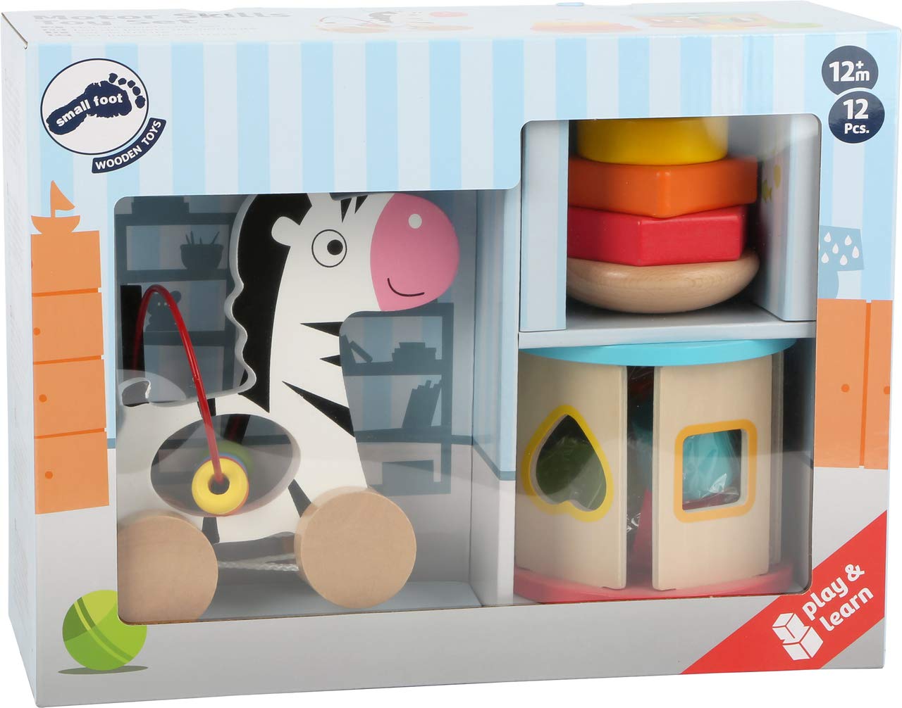 Small Foot Wooden Toys Motor Skills Toy Playset Collection with Pull-Along Zebra, Stacking Tower & Shape Sorting Games Designed for Children 12+ Months, Multi (11106)