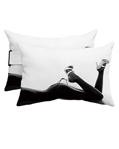 Pack of 2 Outdoor Pillow Covers Chaise Lounge Chair Lumbar Pillow, The Shadow of Sexy Lady with High Heels Waterproof Throw Pillow Covers with Elastic Strap,Soft Cushion Cases for Patio Garden,11"x16"