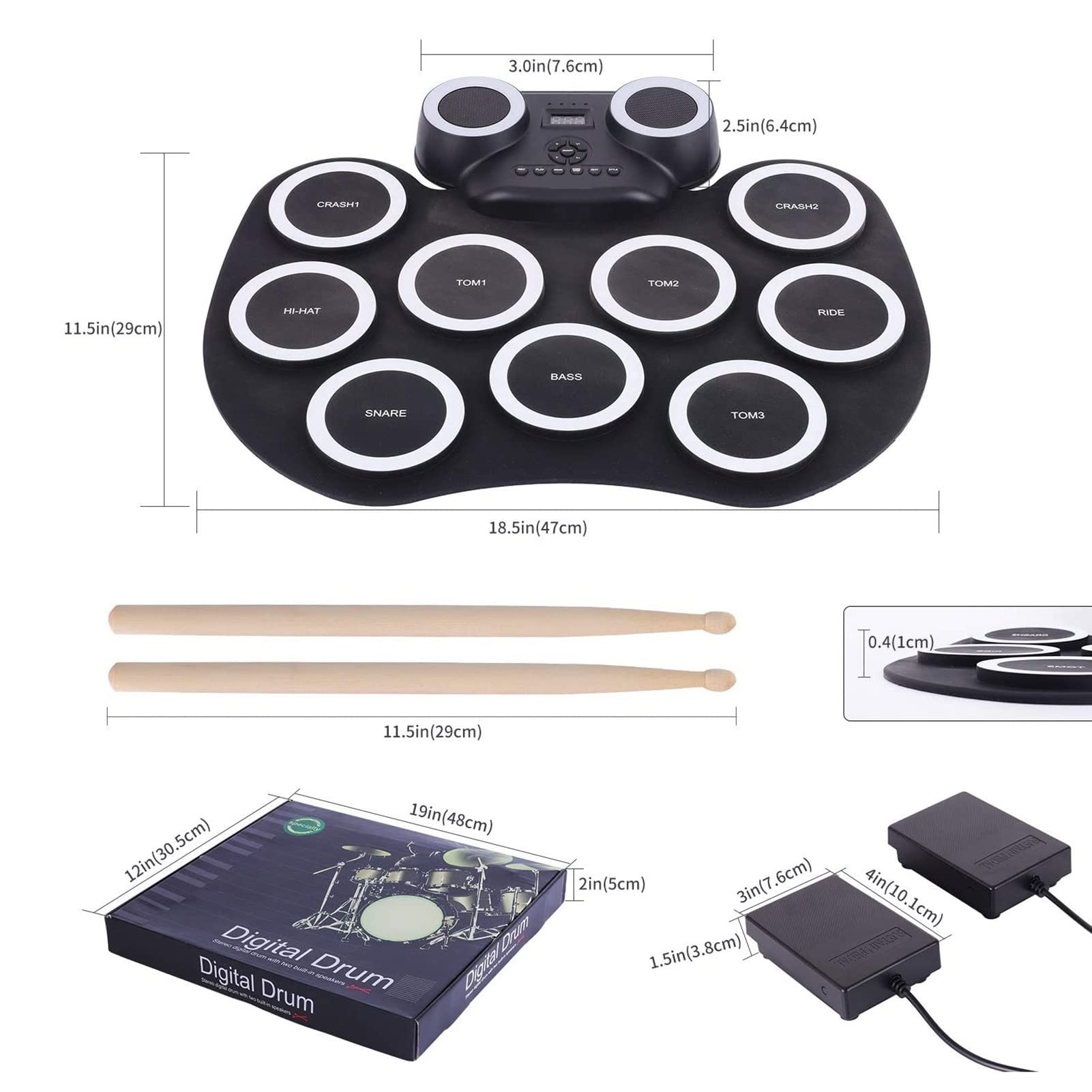 Electronic Drum Kit 9 Pads Roll-up Practice Drum Set With Colorful LED Lights For 10h Playing Built-in Dual Speakers Headphone USB Jack And Foor Pedals Great Chrismas Birthdays Gift For Beginners ( Co