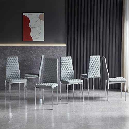 Hommoo PU Leather Dining Chairs Set of 6 Modern Kitchen Chairs with Grid Pattern and Electroplate Solid Metal Legs Armless Side Chairs for Home Living Room Kitchen Dining Room Grey
