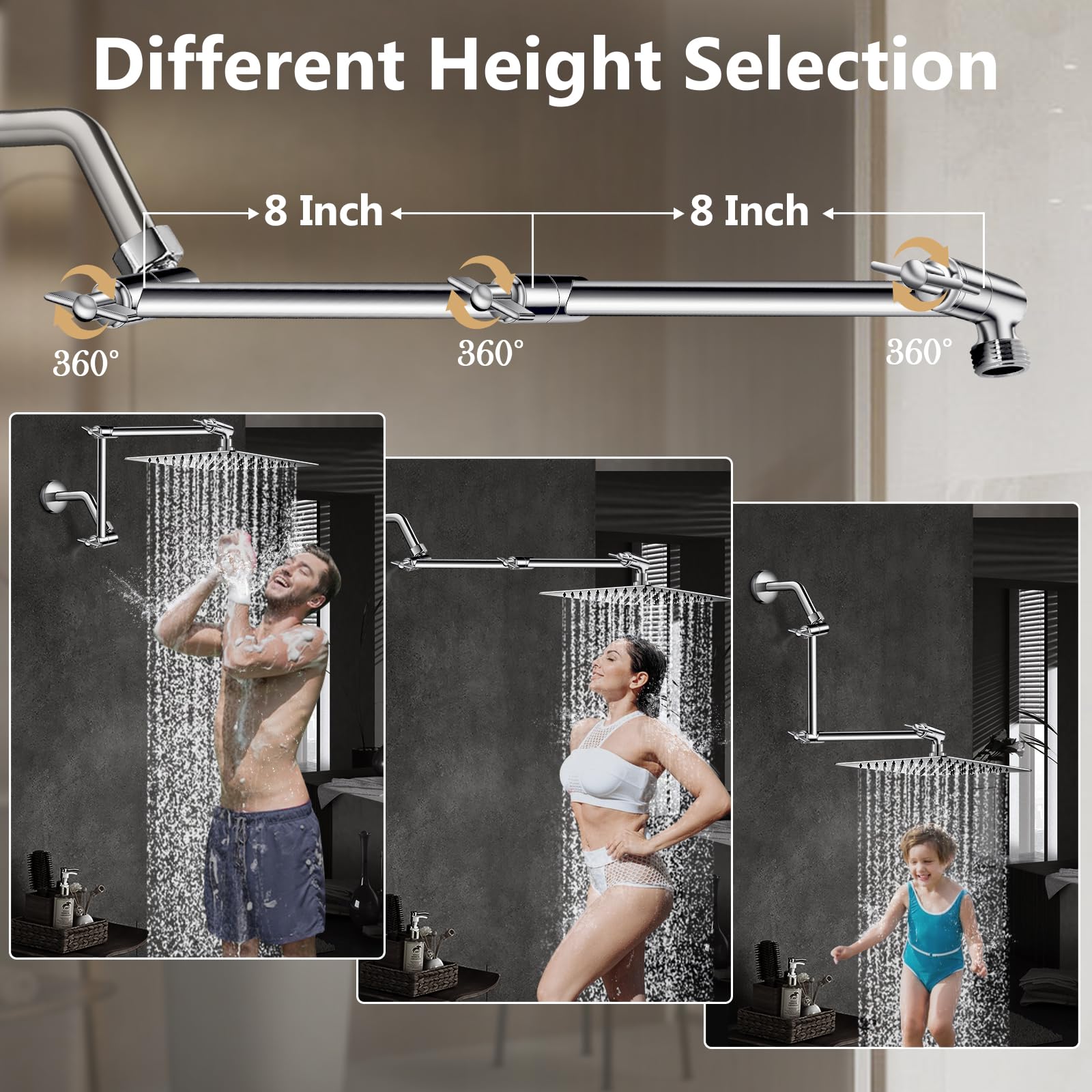 Dual Shower Head, 10'' High Pressure Rain Shower Head with 16'' Upgraded Adjustable Extension Arm, 3+1 Settings Handheld Spray,Built-in Power Wash,Retractable 60'' Shower Hose, 3-Way Diverter, Chrome