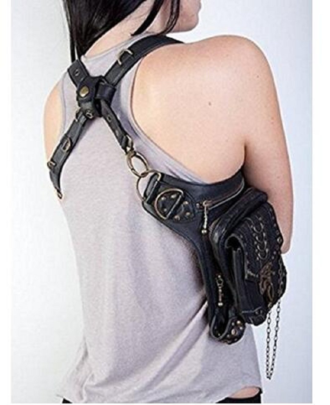 Wendin Rock Leather & Vintage Gothic Retro Steampunk Handbag Victorian Style Shoulder Waist Bag Black