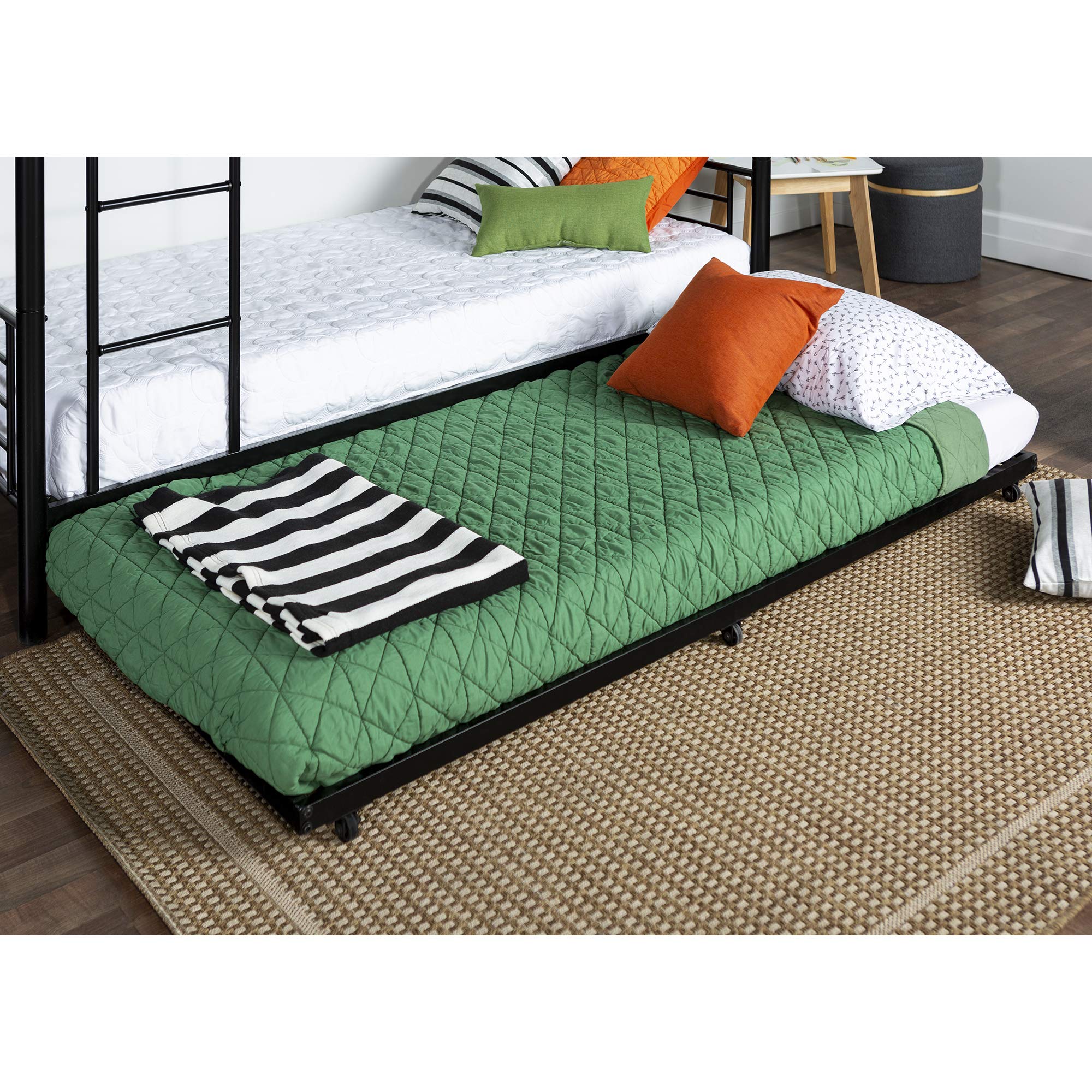 Home Accent Furnishings Modern Industrial Twin-Size Roll-Out Metal Trundle Bed Frame - Black
