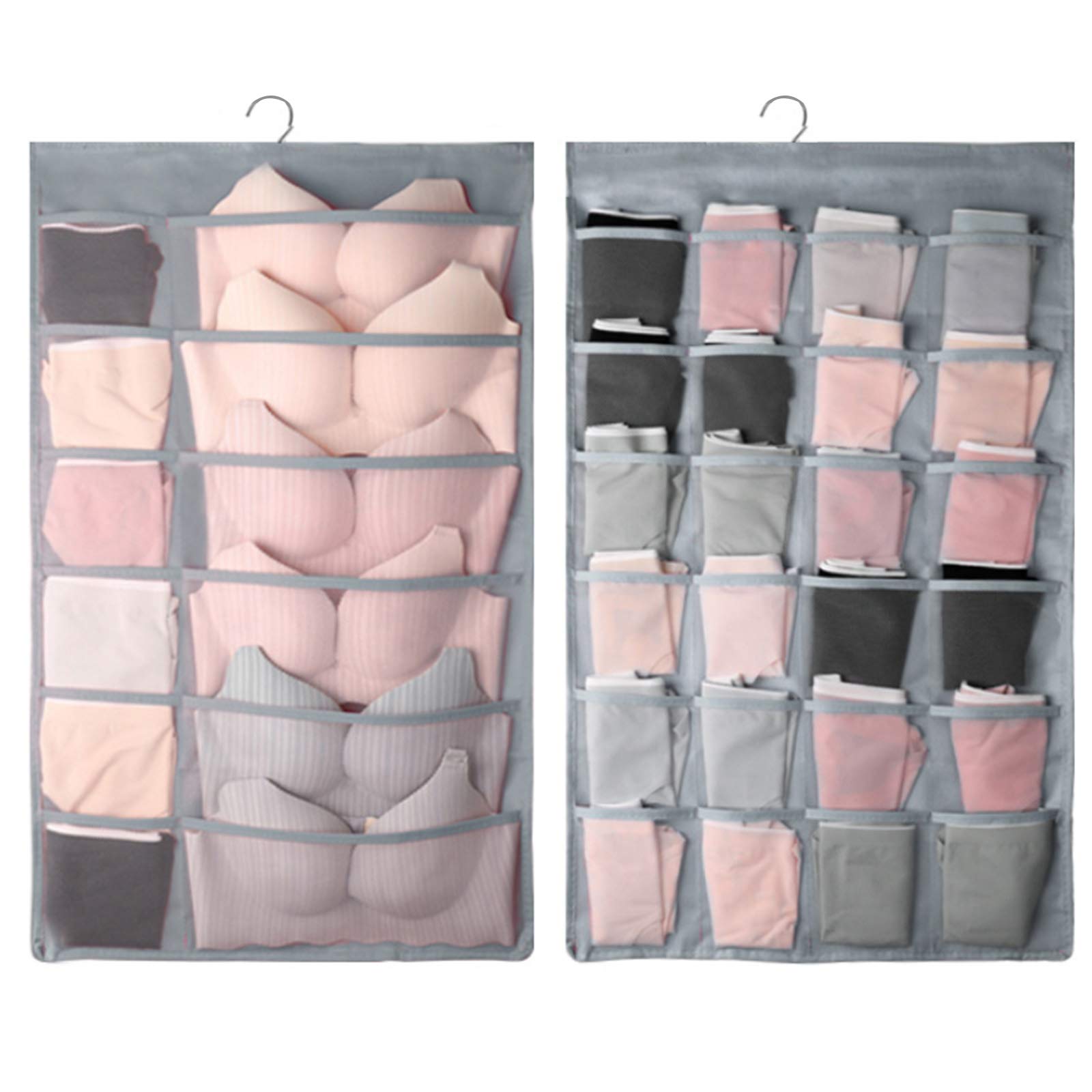 Souarts Closet Hanging Underwear Storage, 36 Pockets Wardrobe Bra Socks Underwear Organizer, Double Sided Hanging Storage Bags, Space Saver Home Storage(Gray)