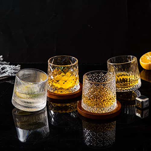 Crystal Whiskey glasses set of 2,Rotatable -10 Oz old fashioned whiskey glasses,bar whiskey glasses,style glassware for bourbon,perfect Idea for scotch lovers,glasses for scotch, rum, Glacier