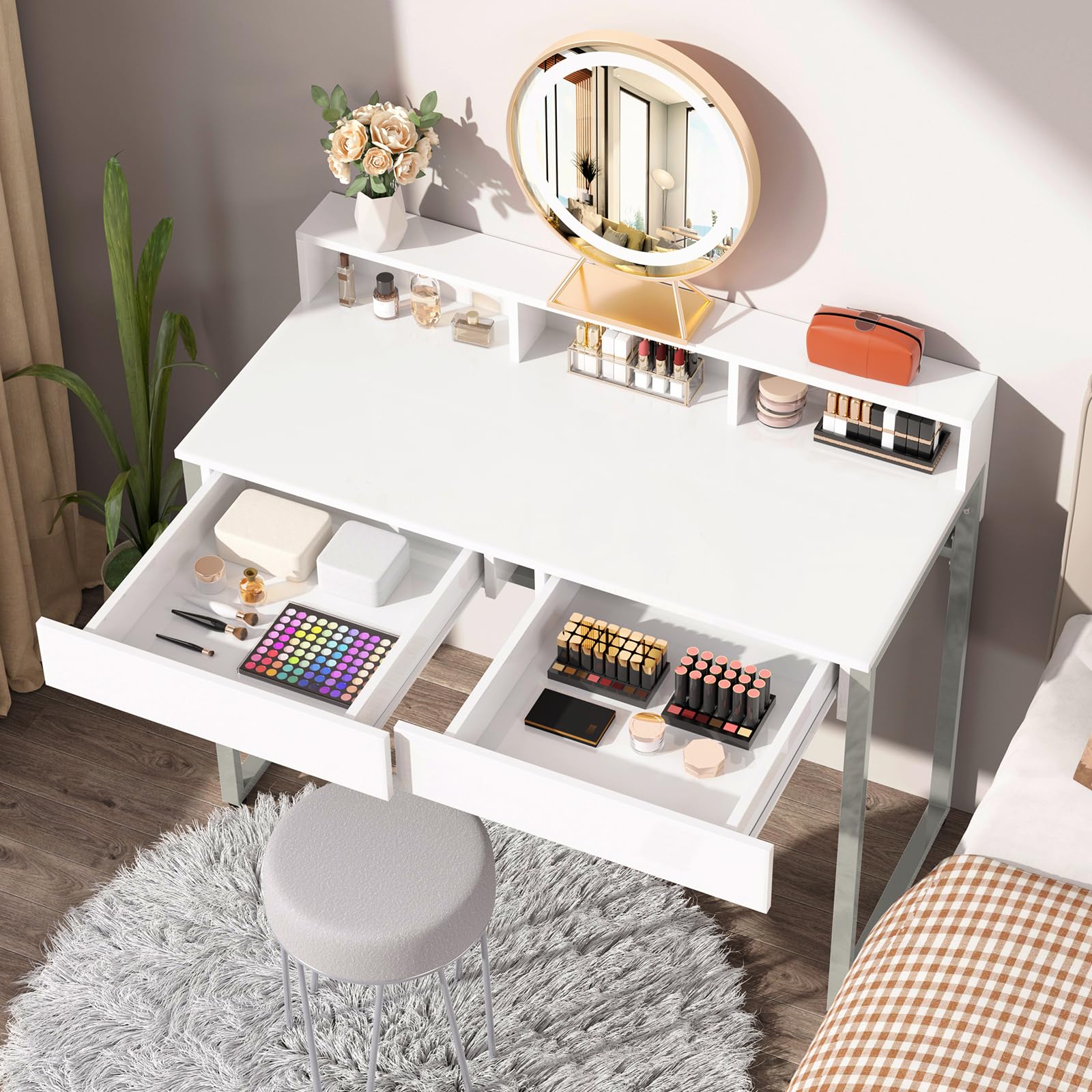 GreenForest Vanity Desk with 2 Drawers, White Makeup Desk with 3 Storage Spaces, 31.5 inch Small Desk with Silver Metal Legs, Modern Home Office Desk for Kids, Bedroom (No Mirror)