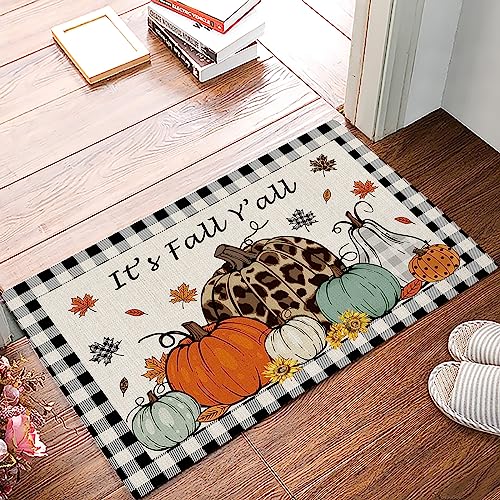 Thanksgiving Pumpkin Indoor Doormat Entryway Rugs, It's Fall Yall Autumn Maple Leaves Black White Plaid Floor Mats Front Door Decor,Absorbent Area Rugs 16x24 Inch Non Slip Rug Mats for Kitchen Bath