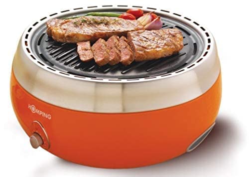 Homping Grill - Ultimate Portable Charcoal BBQ Grill. Produces Less Smoke. Combined with its Electric Fan for air/Heat Control. Tailgating Grill (Orange)