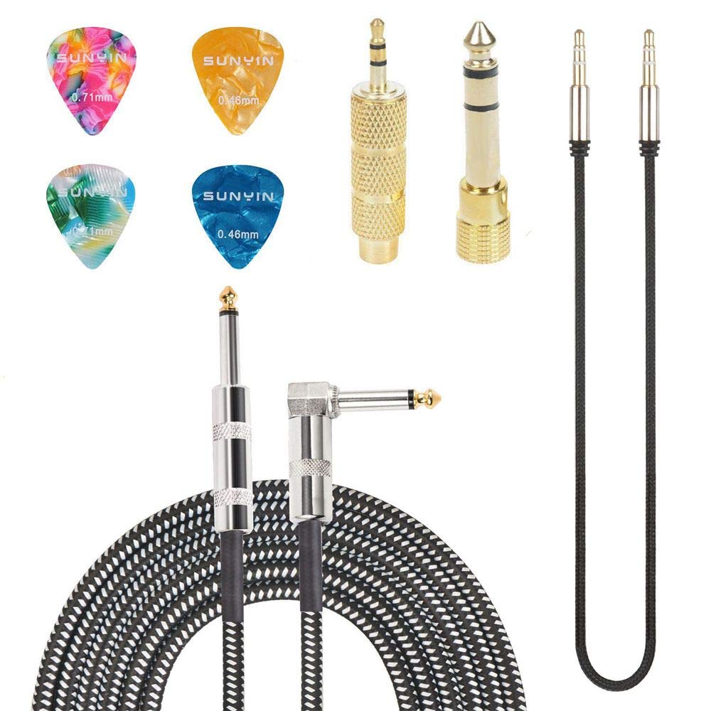 SUNYIN Amp Cord for Electric Guitar,10-Feet Electric Instrument Guitar Bass Cable,Straight to Right Angle Guitar Amp Cord with Gold Plated 3.5mm&6.5mm Stereo Adapter,Audio Cable,4 Picks