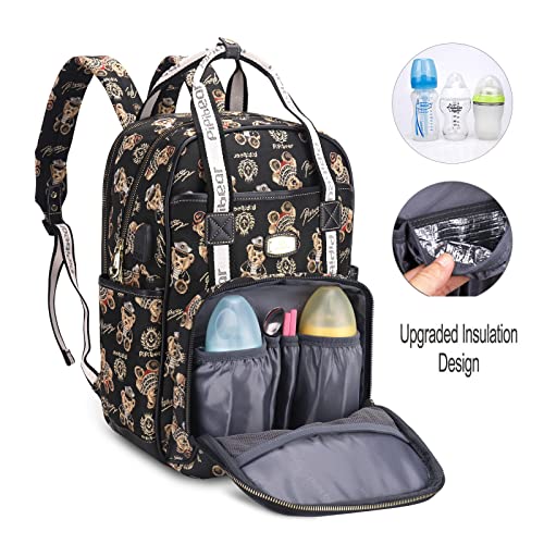 pipi bear Diaper Bag Backpack, Jacquard Diaper Backpack with Changing Pad and USB Charging Port, Stylish Baby Bag for Mom Dad, Black
