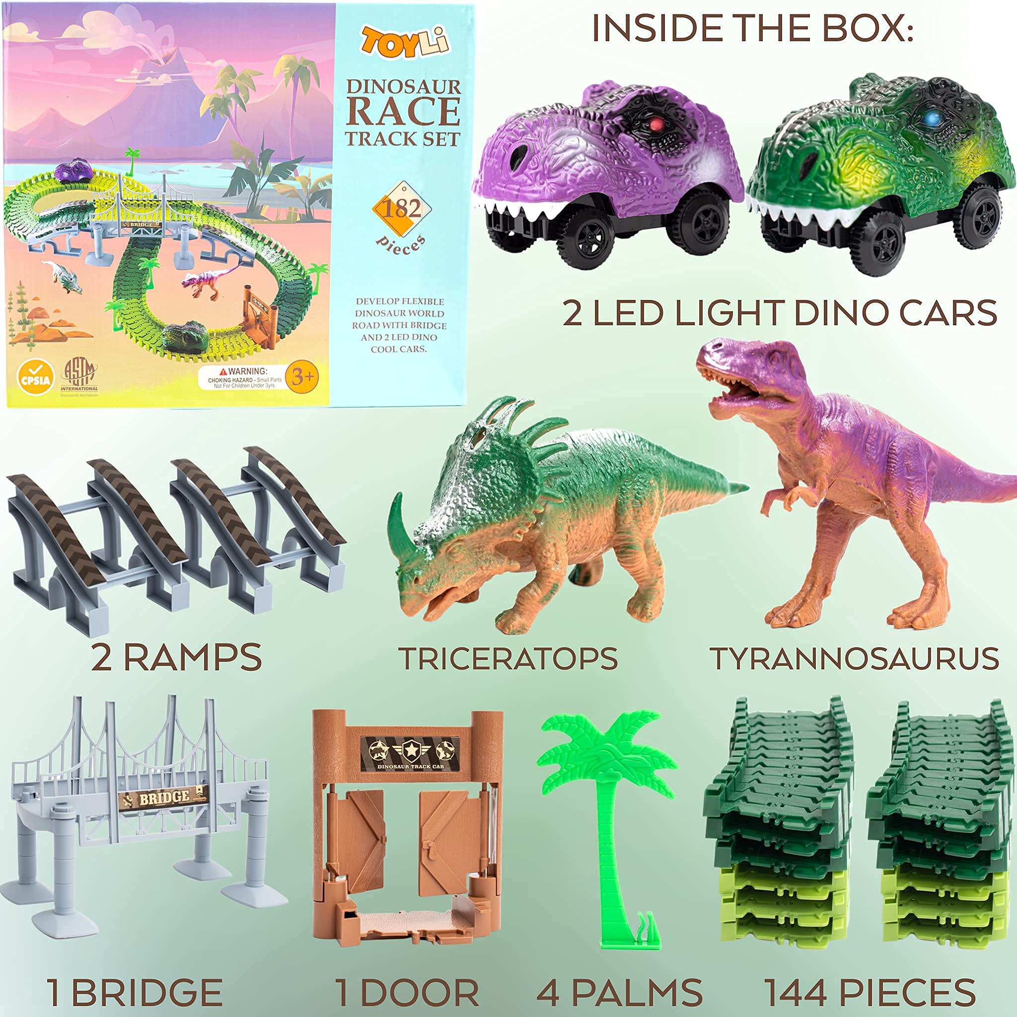 TOYLI Dinosaur Race Track Set 182 Pieces, Dino Track Flexible Dinosaur Road Race Playset with Bridge, Ramps, Dinosaur Track Toy Set is a Great 3 Year Old boy Gift.