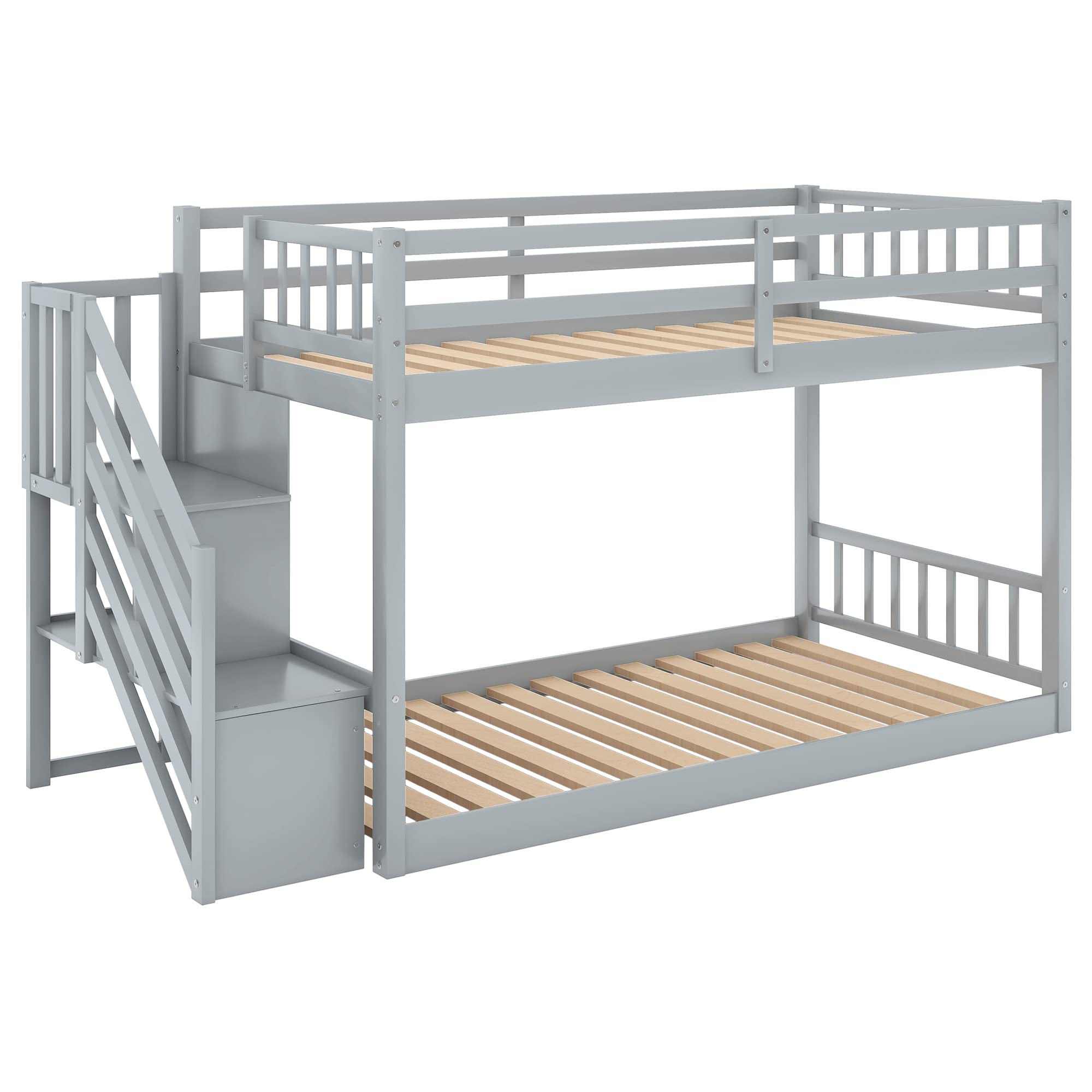 Harper & Bright Designs Low Bunk Beds for Kids, Wood Twin Over Twin Bunk Bed with Stairs,Floor Bunk Beds with Storage Shelf for Girls Boys,Grey