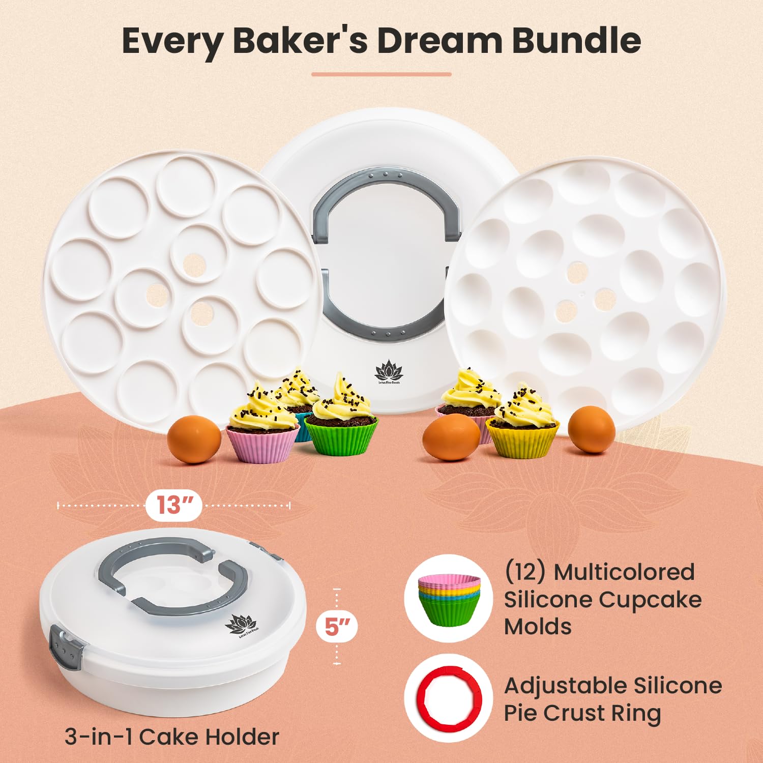 Lotus Fine Goods Premium 4 in 1 Cupcake Carrier with Lid - Cupcake, Deviled Egg, Pie & Cake Container - Includes Pie Crust Shield & 12 Silicone Baking Cups