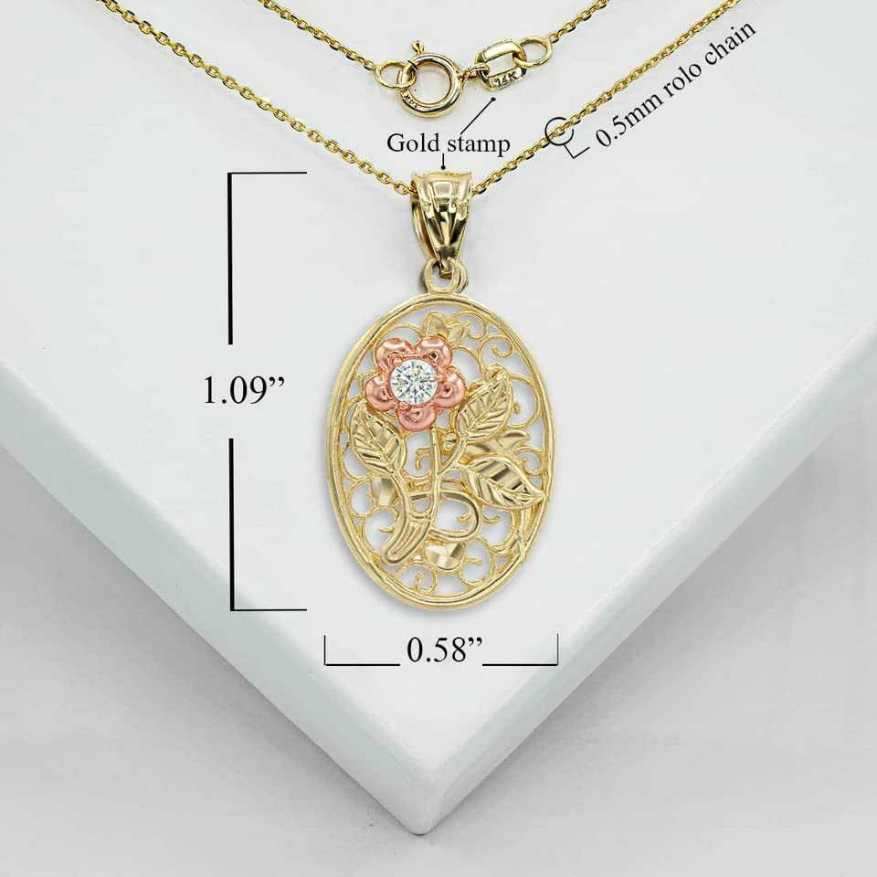 Elegant 14k Two-Tone Gold CZ Oval Filigree Rose Vines Pendant Necklace, 18"