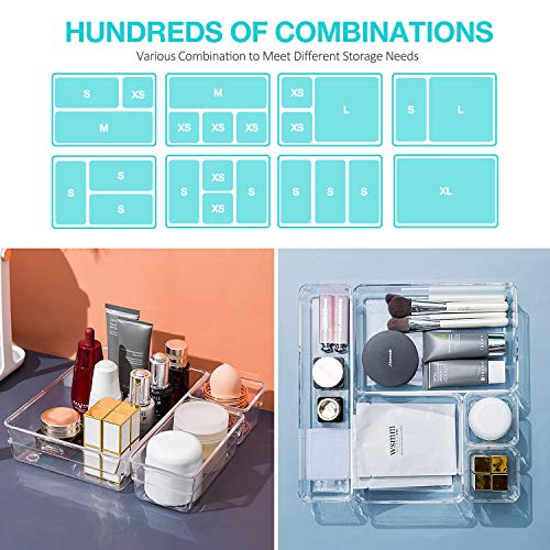 KPX 16pcs Makeup Drawer Organizer Set, Clear Plastic Desk Drawer Dividers, 5-Size Vanity Cosmetic Trays with Non-Slip Pads, Storage Bins for Kitchen Utensil,Jewelries and Office Accessories (16)
