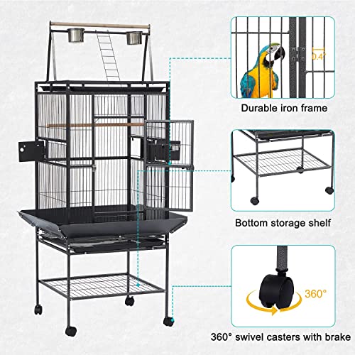 Kinsuite Large Bird Cage with Play Top, 68 Inch Iron Parrot Bird Cage with Rolling Stand for Parakeets Lovebird Cockatiel Pet Birds, Black