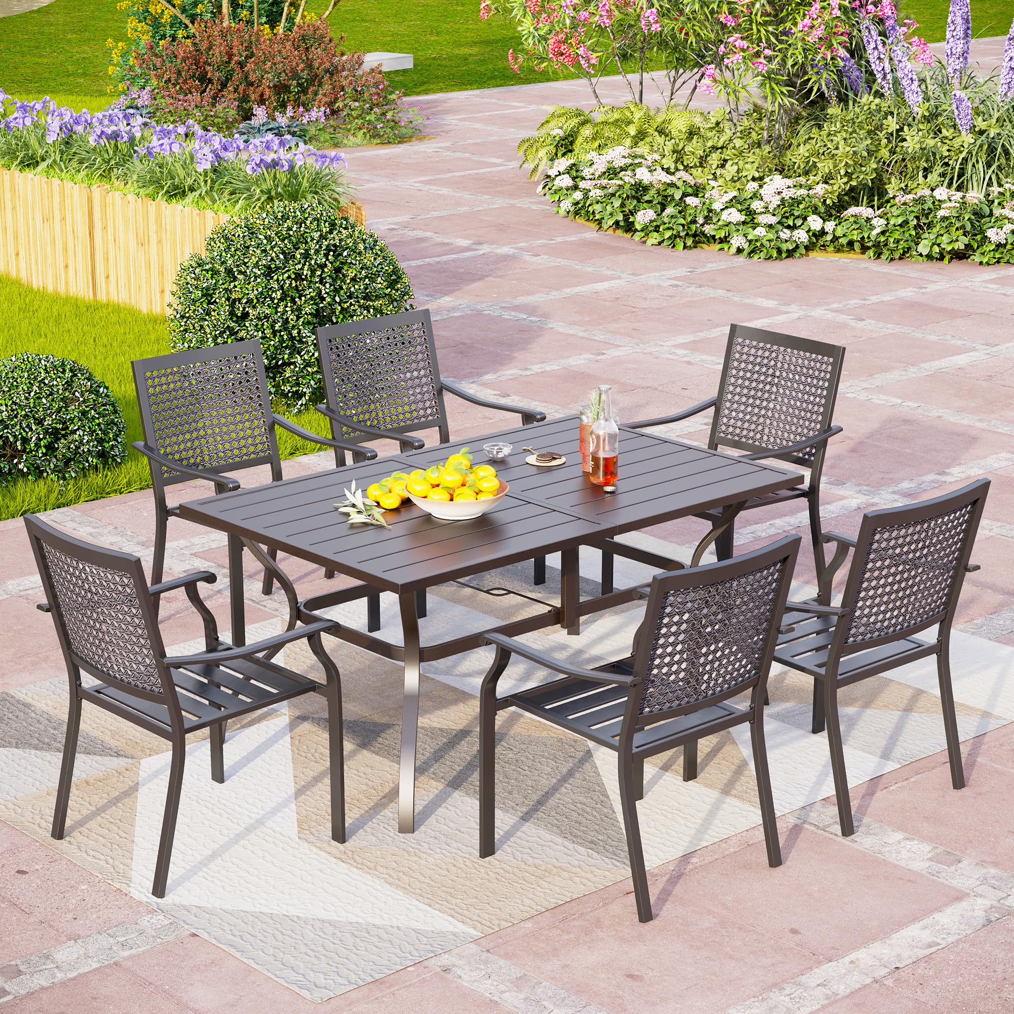 PHI VILLA 60'' Outdoor Dining Table for 6, E-Coating Metal Patio Table with 1.57" Umbrella Hole, All-Weather Resistant Rectangular Table for Patio, Backyard, Garden