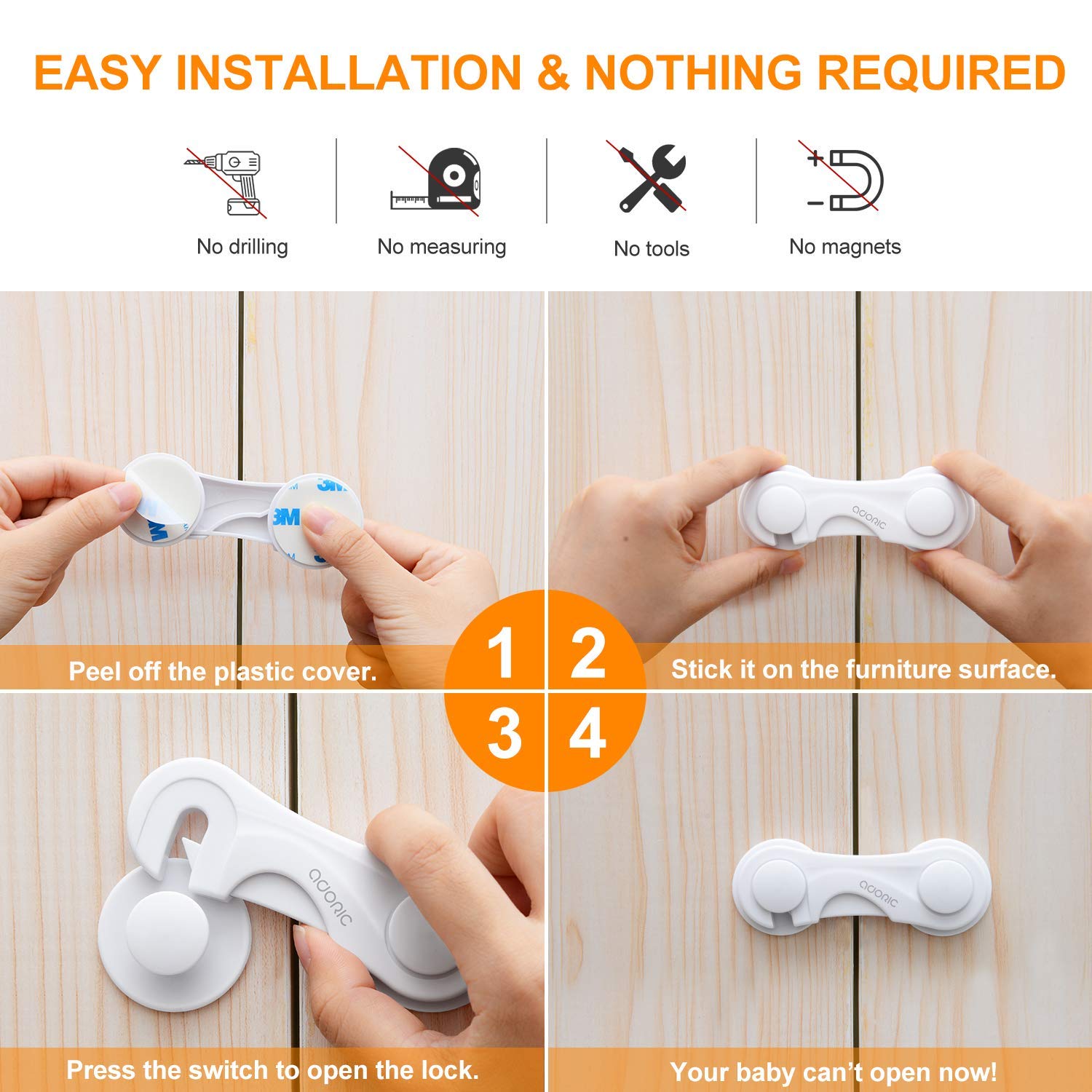 Child Proofing Safety Cabinet Locks, Adoric Cupboard Baby Safe Drawer Latchs, No tools and Drilling Required, 8 Pack, White