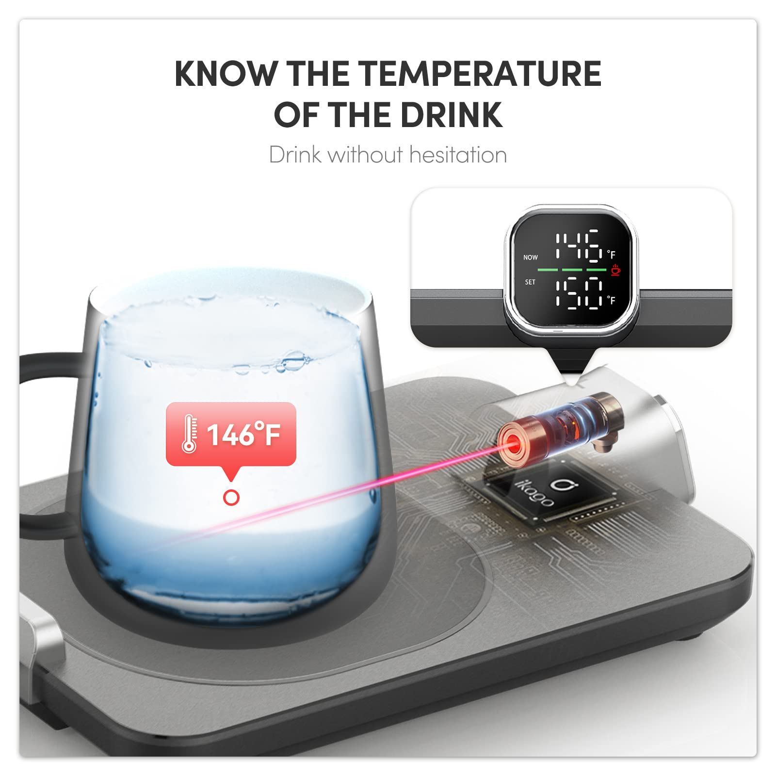 ikago Smart Mug Warmer Plate No Sound - Accurate 1β Temperature Control with Cup Sensing, Digital Display, Auto Shut-Off, Perfect for Desk & Cool Birthday Gifts for Women and Men