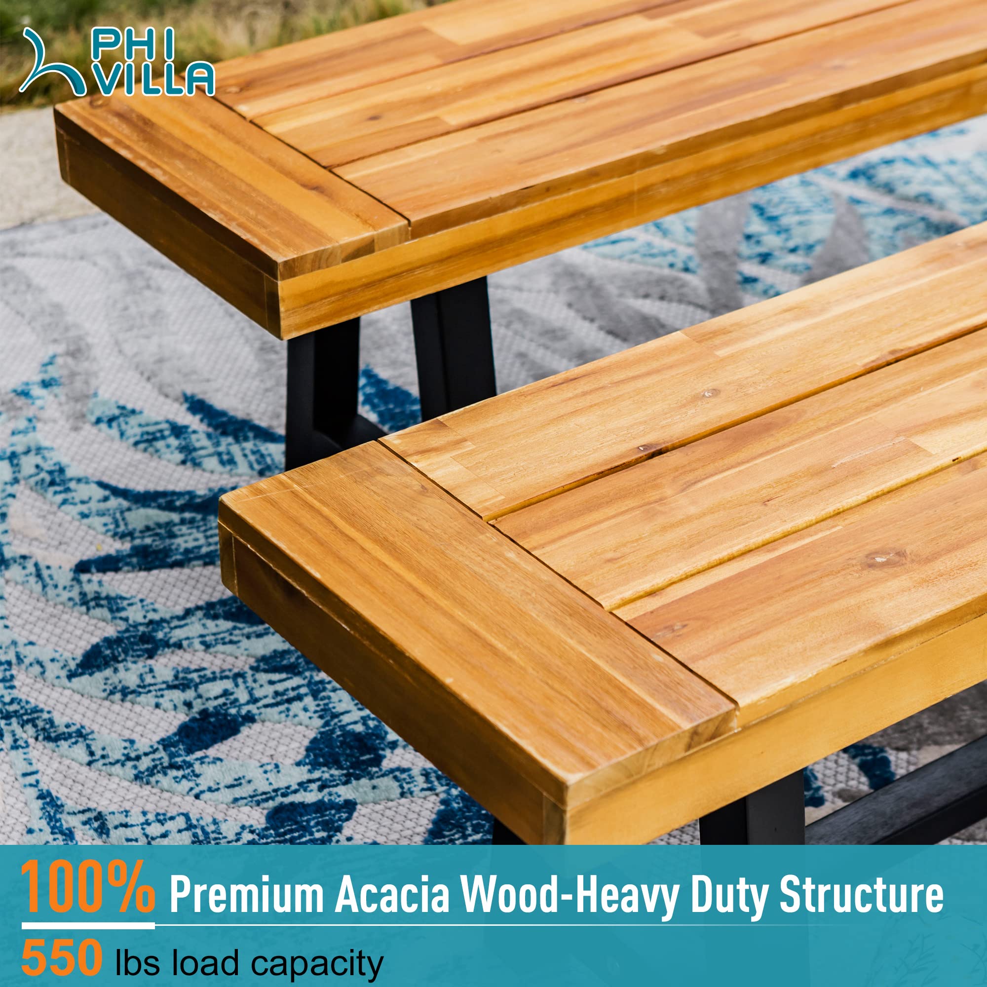 PHI VILLA Outdoor Acacia Wood Bench, 2 Piece 63" Long Patio Dining Picnic Bench for 6 People, Backless Oil Finished Teak Bench Supports 550lbs, Classic Brown and Black