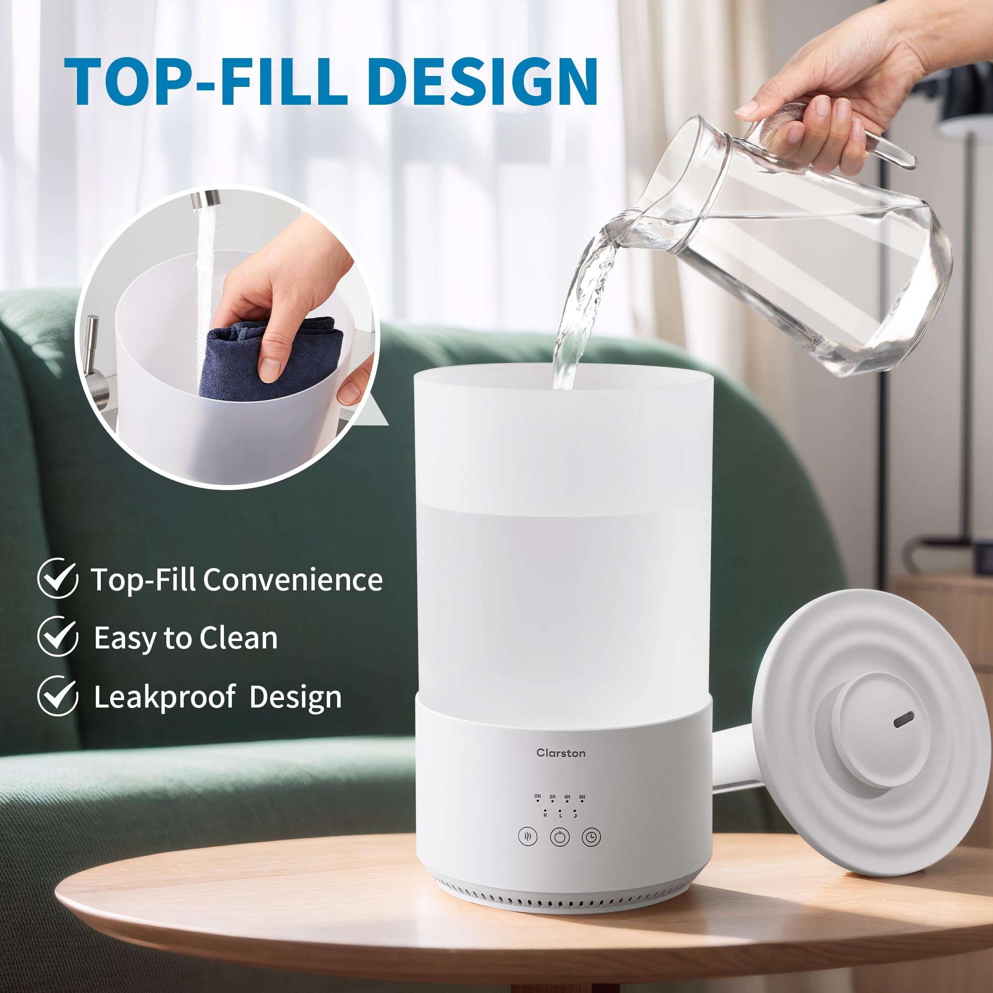 Clarston Humidifiers for Bedroom, 4L Cool Mist Humidifier with Essential Oils Diffuser and Nightlight, Top Fill Humidifiers for Home Large Room, Timer, Auto Shut-off, 40H Runtime