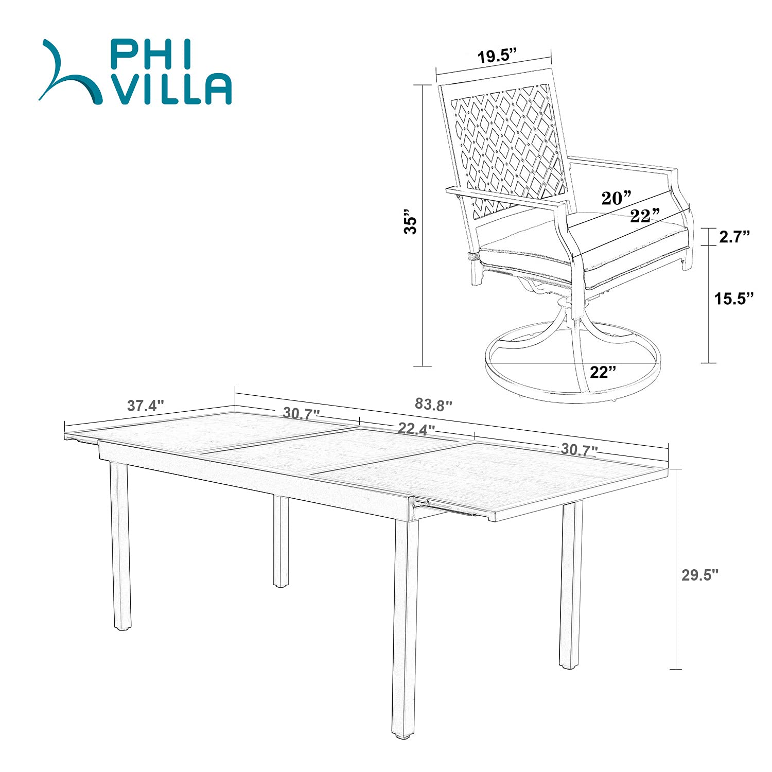 PHI VILLA Patio Dining Set 7 Pcs 1 Extendable Dining Table and 6 Swivel Chairs Support 300 lbs for Outdoor Backyard Bistro Furniture Set with Cushion