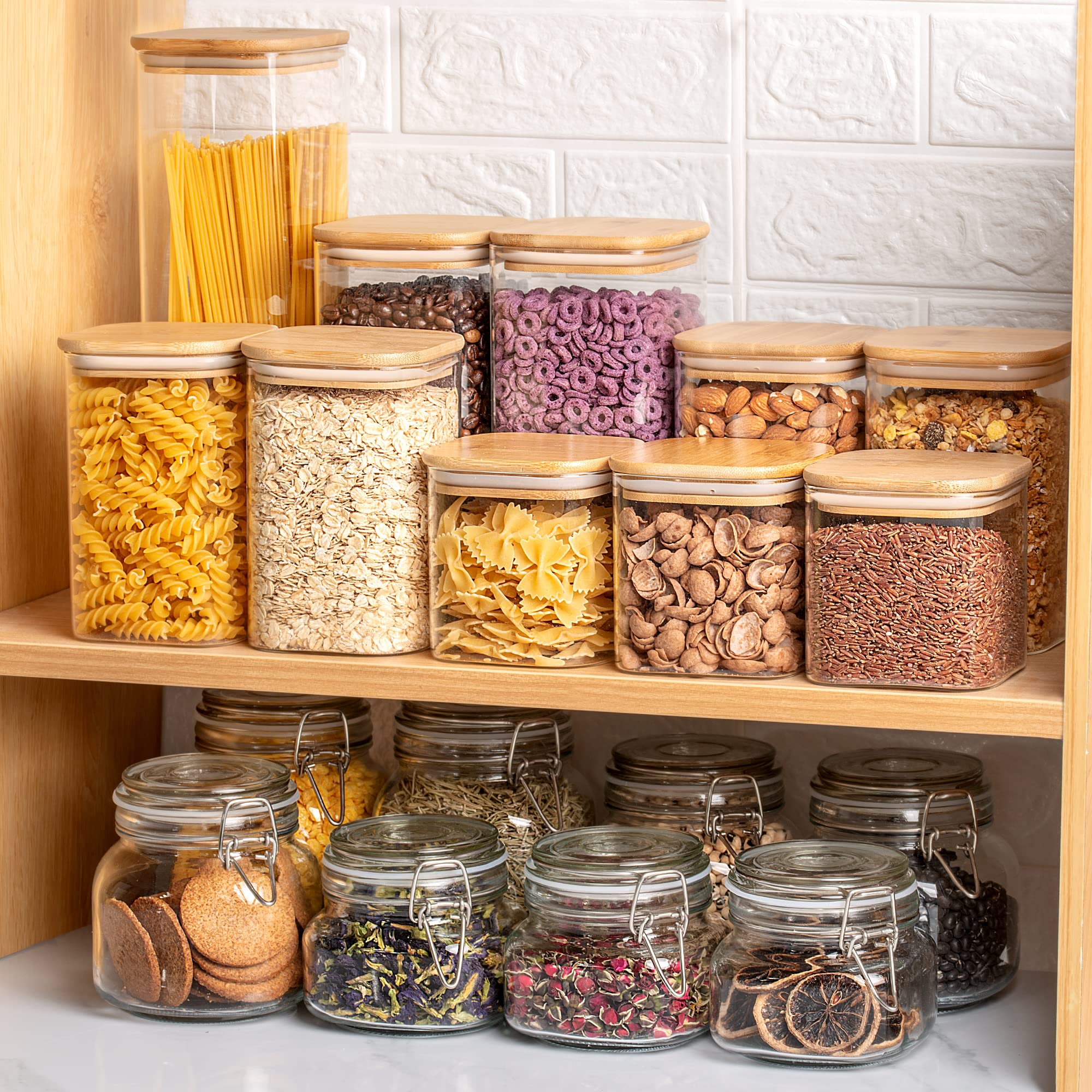 Laramaid 27oz 6Packs Square Glass Jars Set with Minimalist Pantry Labels, Square Pantry Jars with Bamboo Lids and White Customized Sticker Labels, Food Storage Containers for Home