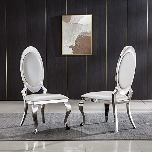 HomVent Modern Leatherette Dining Chair Set of 2, Comfortable Upholstered Kitchen Chairs w/Oval Backrest & Silver Stainless Legs, Tall High Back Dining Side Chairs Reception Chair (White Leather)