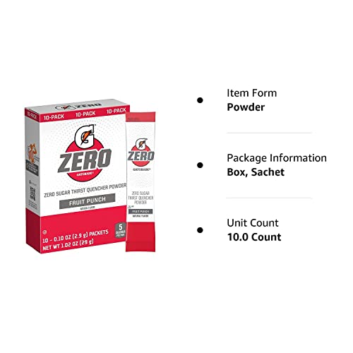 The Gatorade Company, Gatorade G Zero, Sugar Free Powder Sticks, 0.10oz Packets (Mixes with 20 ounces of Water) 10 Pack (Fruit Punch)