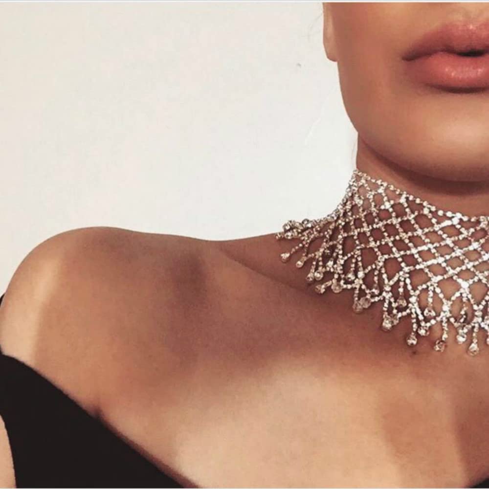 Chamvino Full diamond fashion exaggerated choker Water drop studded diamond tassel choker for Women's and girls gifts(gold/silver)