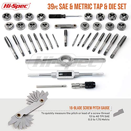 Hi-Spec 39 Piece SAE & Metric Tap & Die Set. Complete M3 to M12 / #4 to 1/2in Fine & Coarse Tools to Cut, Chase and Thread with Screw Pitch Gauge in a Tray Case