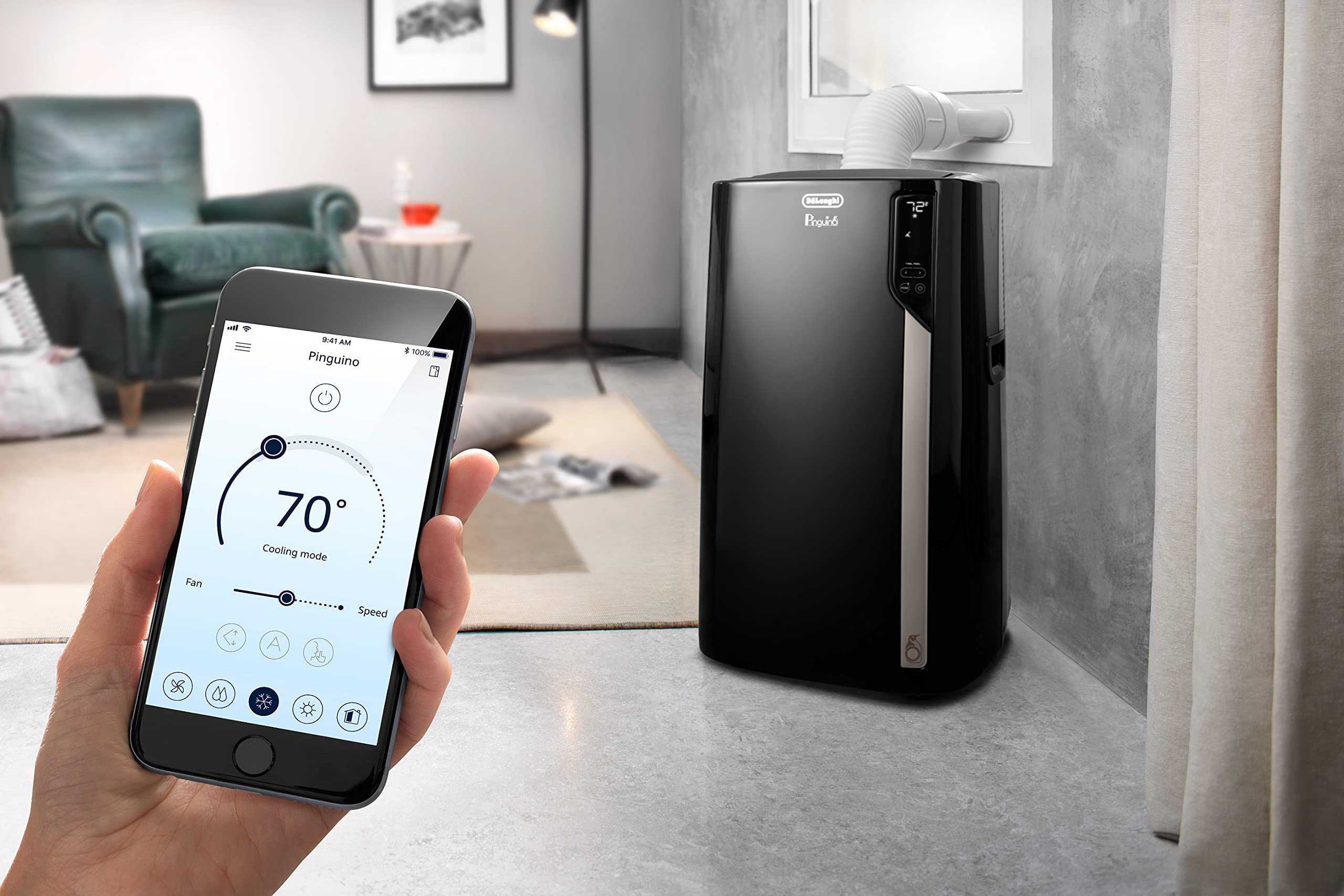 DeLonghi Portable Air Conditioner 12,500 BTU,cool extra large rooms up to 550 sq ft,wifi with alexa,energy saving,heat,quiet,remote,AC Unit,dehumidifier,fan,programmable,window venting kit,EL376HRGFK