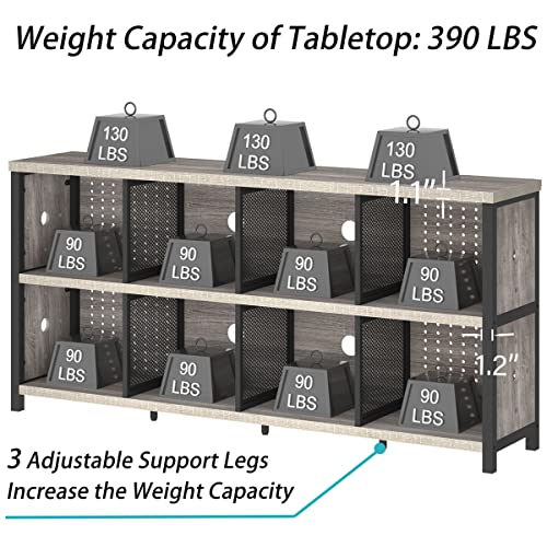 LVB Industrial 4 5 6 7 8 Cube Bookcase, Rustic Wood Metal Horizontal Bookshelf, Modern Wide Cube Organizer Storage Shelf, Large Long Low Book Shelf for Office Bedroom Living Room, Light Grey Oak 63 In
