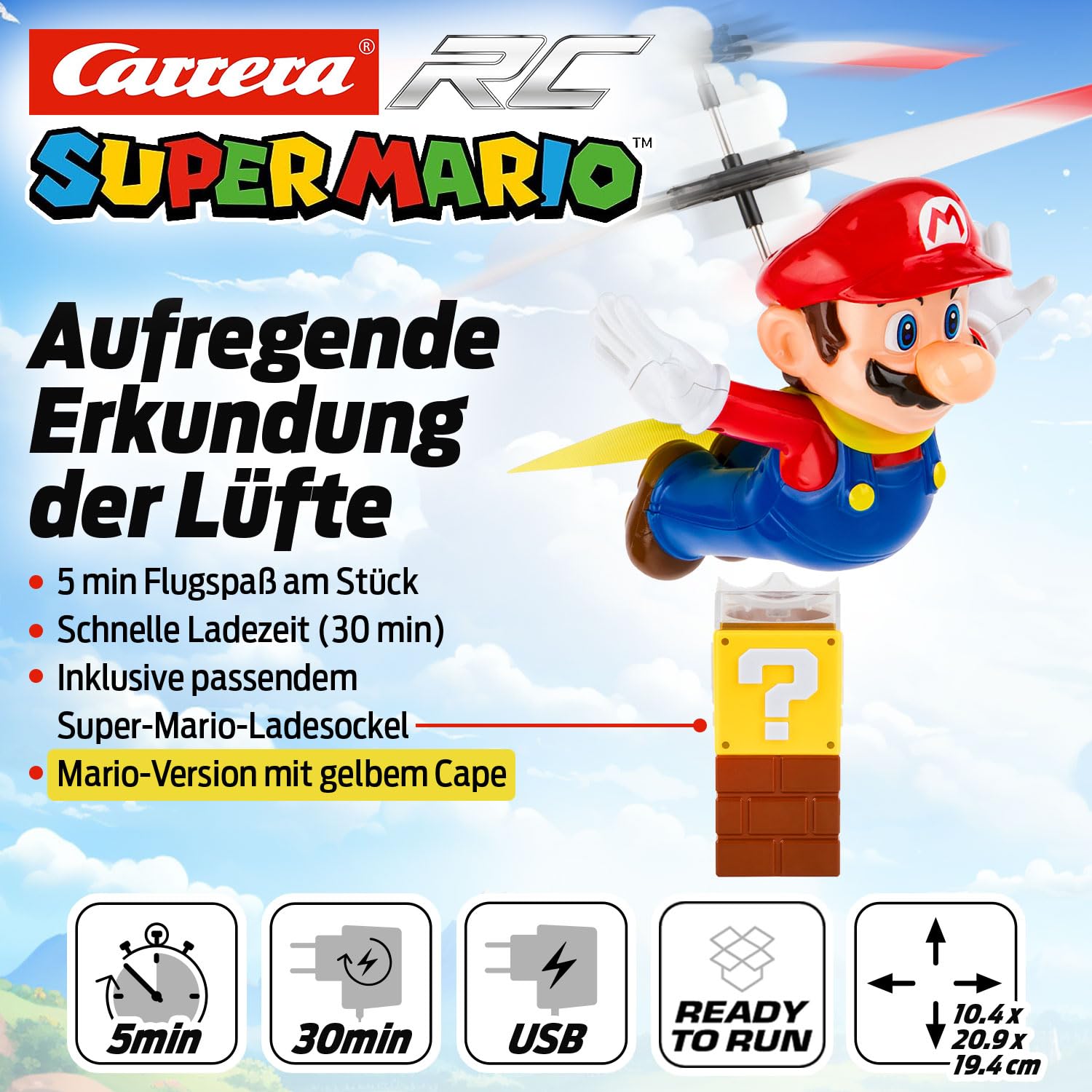 Carrera RC - Officially Licensed Flying Cape Super Mario 2.4GHz 2-Channel Rechargeable Remote Control Helicopter Drone Toy with Easy to Fly Gyro System
