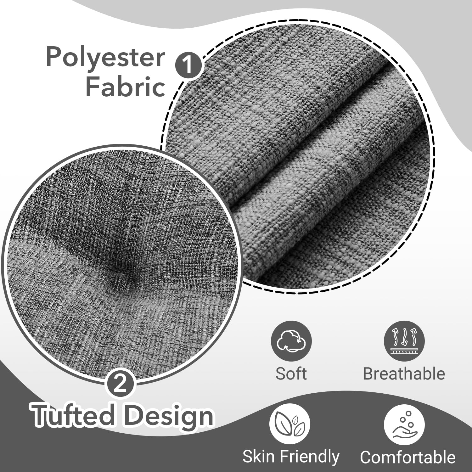 downluxe Indoor Chair Cushions for Dining Chairs, Tufted Overstuffed Textured Memory Foam Kitchen Chair Pads with Ties and Non-Slip Backing, 15.5" x 15.5" x 4", Dark Grey, 4 Pack