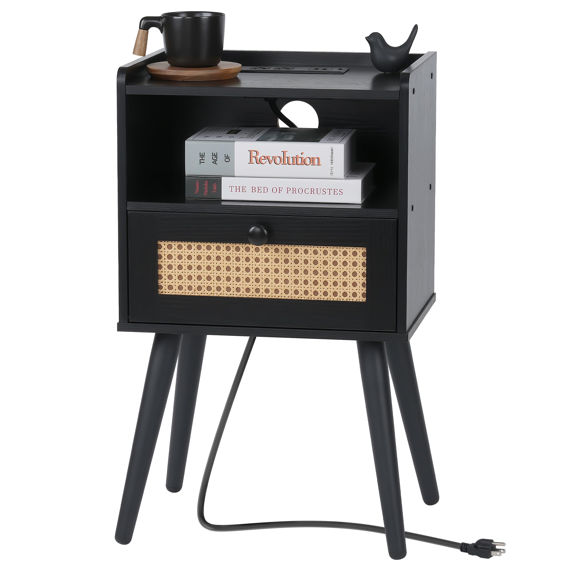Conami End Table with Charging Station, Black Nightstand, Side Table with Rattan Drawer and Storage, Small End Table for Bedroom, Living Room